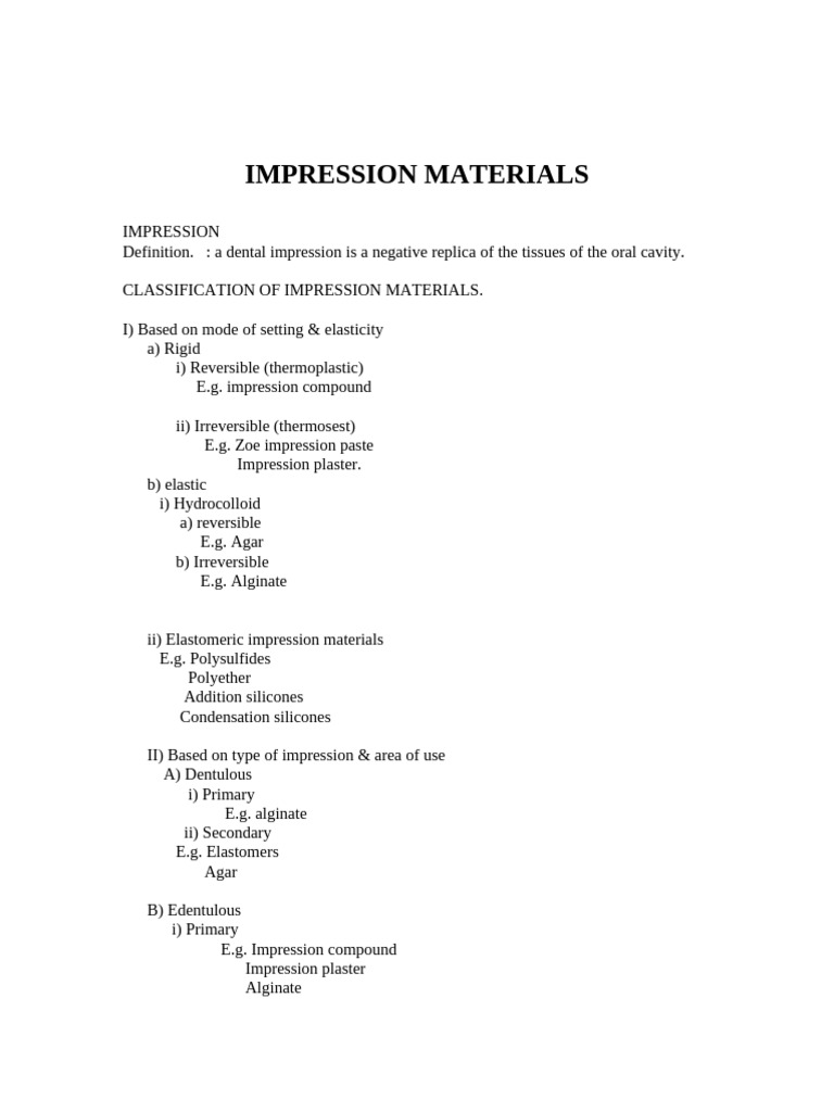Impression Materials , Techniques , Procedures for Complete Dentures (Prostho) | PDF | Materials