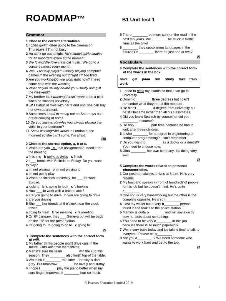 B1 Unit Test 1: Grammar & Vocabulary | PDF