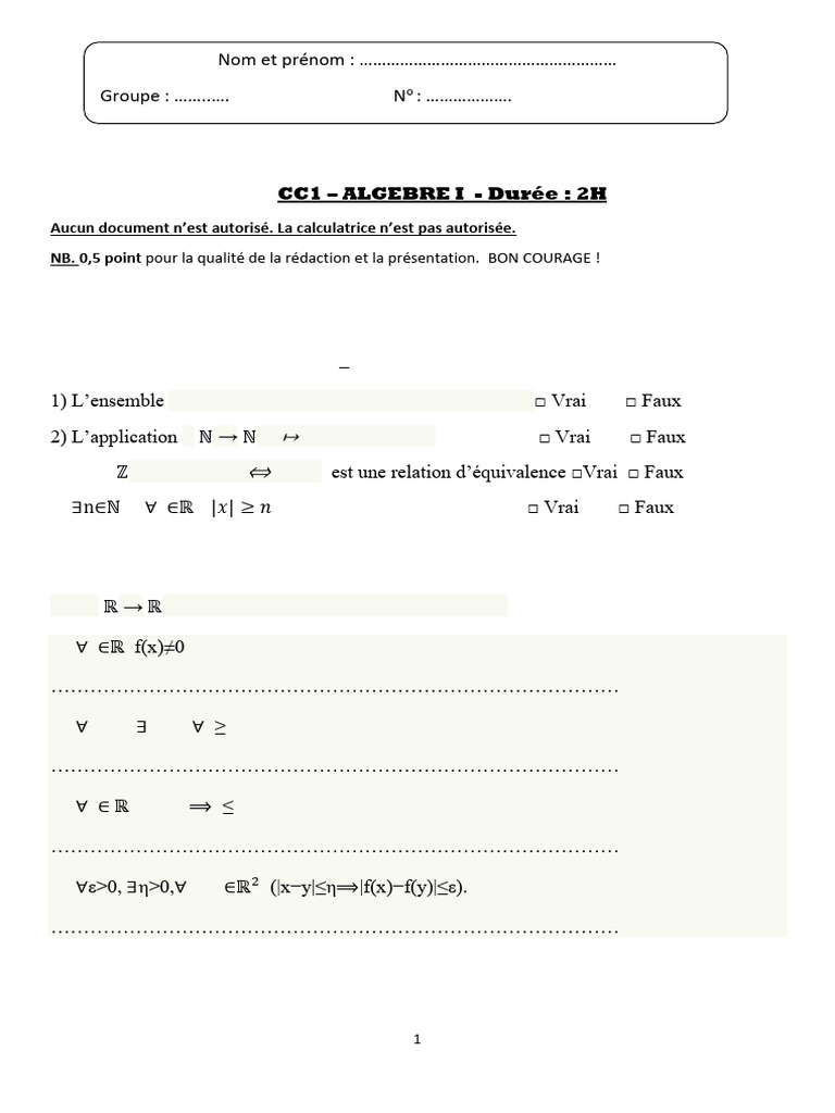 CC1 Algèbre 1 - 2021-22 | PDF