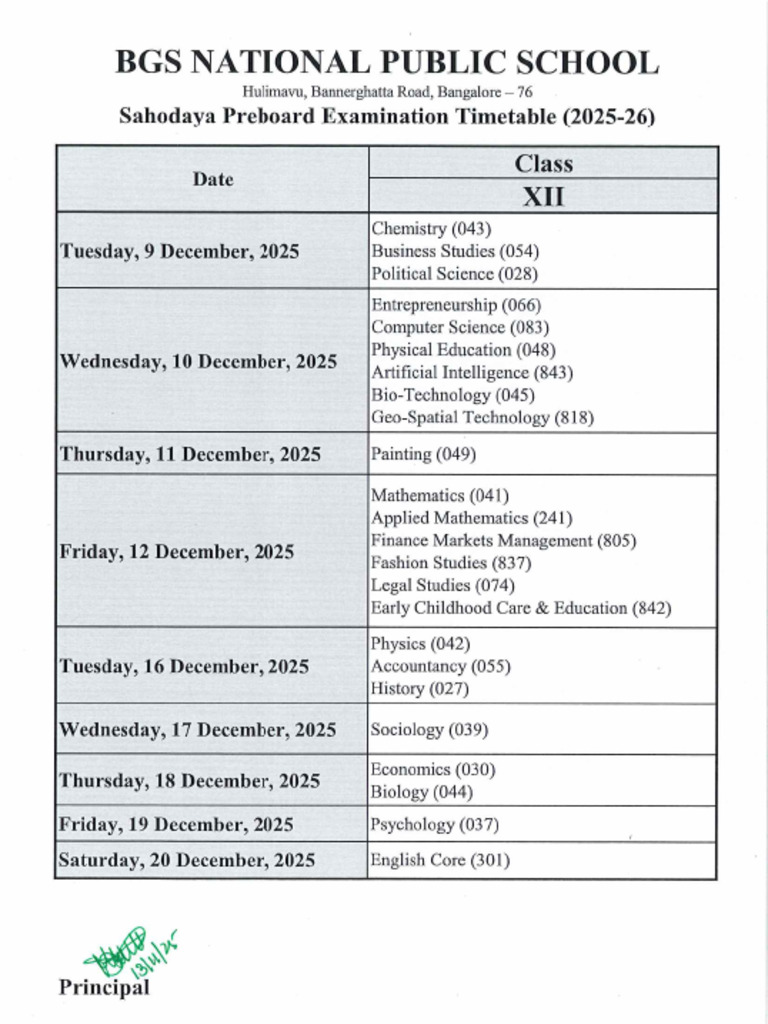 Sahodaya Preboard Examination Timetable - XII (2025-26) | PDF