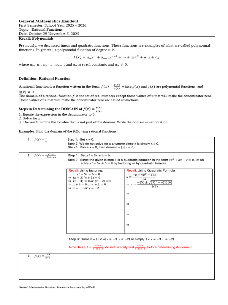 Handout 2 Rational Functions | PDF | Function (Mathematics) | Polynomial