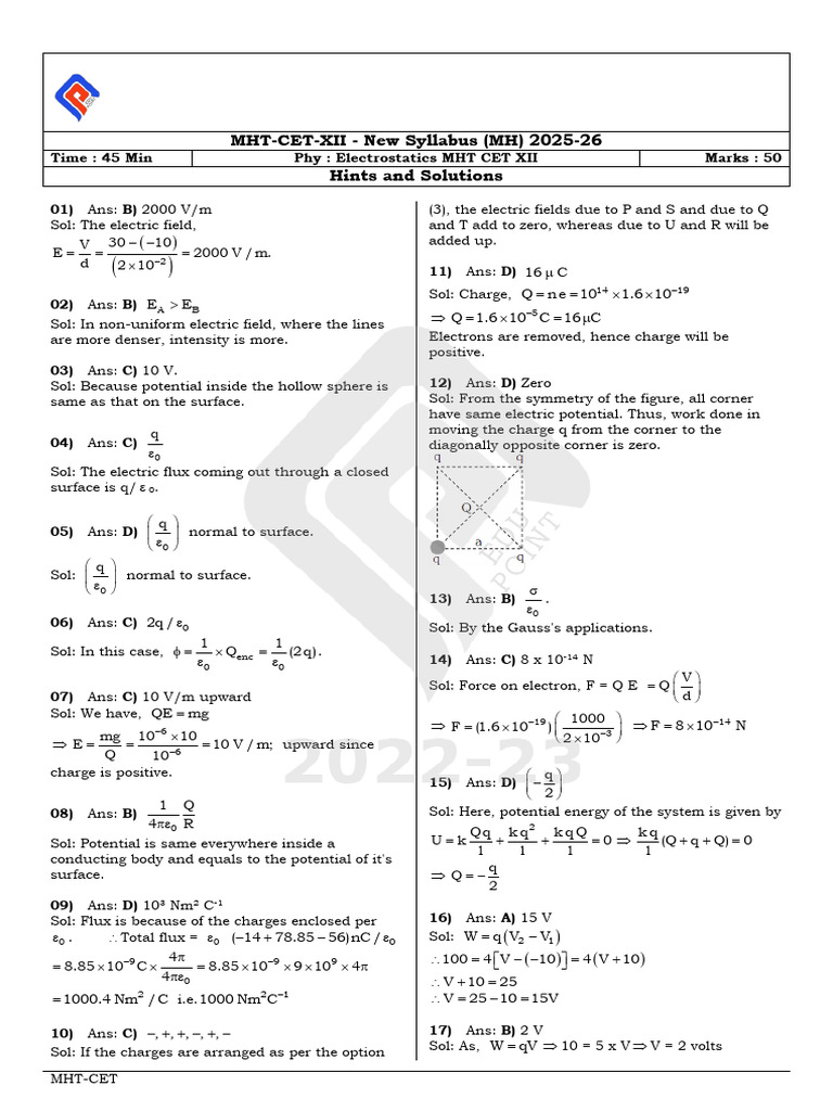 MHT-CET XII Physics Electrostatics Solutions | PDF | Electric Field ...