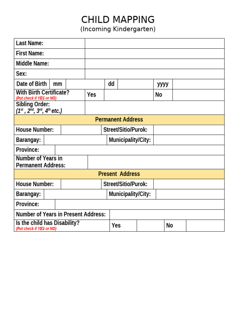 Kindergarten Child Mapping Form | PDF