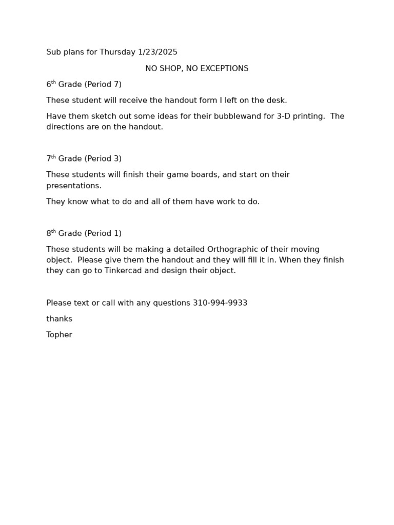 Sub Plans For Thursday 1.23 | PDF