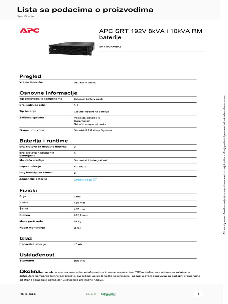 Schneider Electric SmartUPS-Battery-Systems SRT192RMBP2 | PDF
