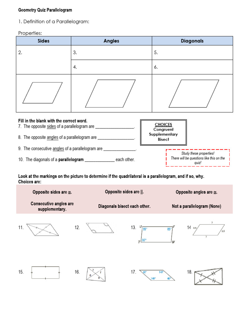 Parallelogram Geometry Quiz | PDF | Equations | Classical Geometry