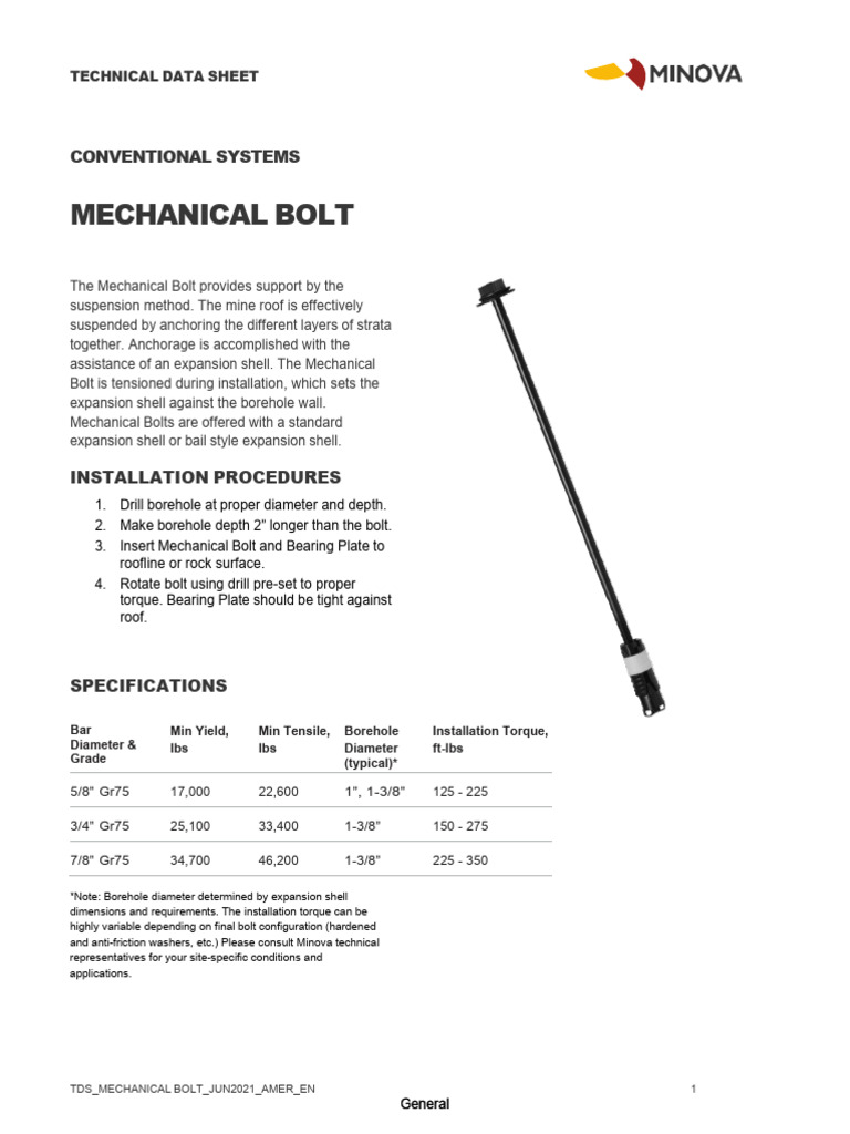 Mechanical Bolt Technical Data Sheet | PDF | Screw | Borehole