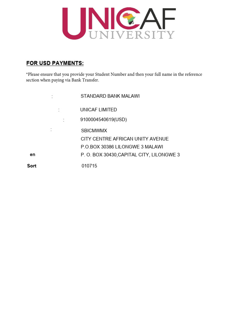 Unicaf Payment Details for Malawi | PDF