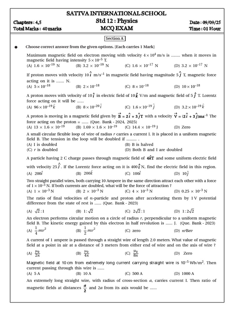 Mcqexam d09 Sep 2025 | PDF | Magnetism | Magnetic Field