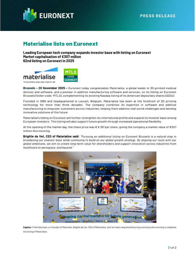 2025.11.20_Materialise_PR_ENX | PDF | Private Sector | Investing