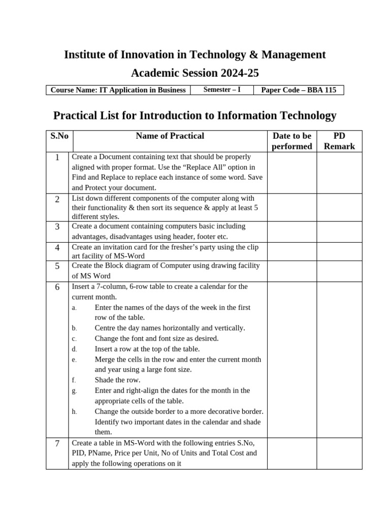 ITB Practical File | PDF | Microsoft Word | Microsoft Excel
