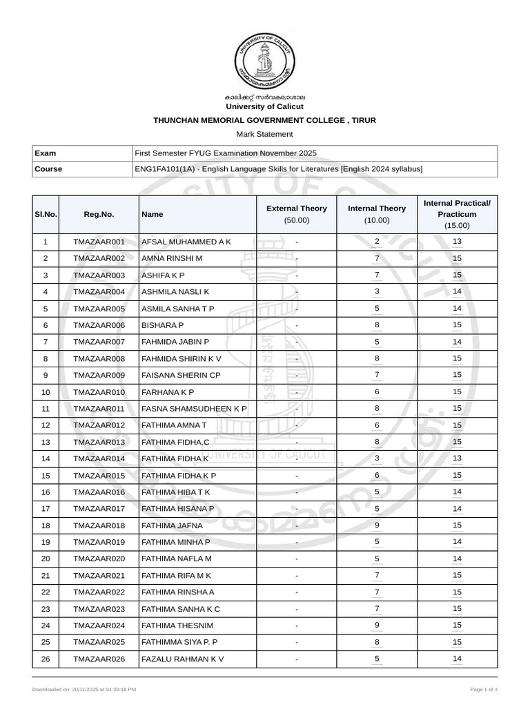 MR - First Semester FYUG Examination November 2025 - ENG1FA101 (1A) - English Language Skills ...