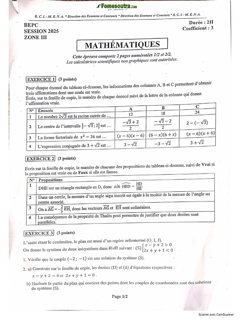 Sujet Math BEPC 2025 | PDF