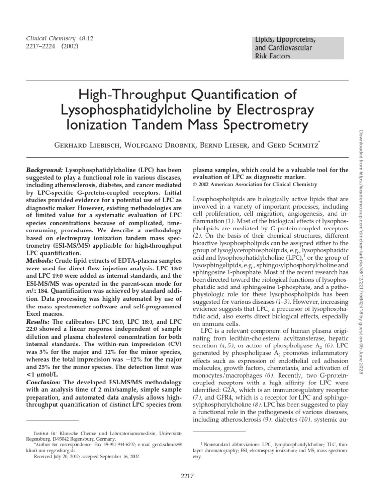 Liebisch (2002) Clin Chem 48, 2217-Extraction of Plasma Phospholipids ...