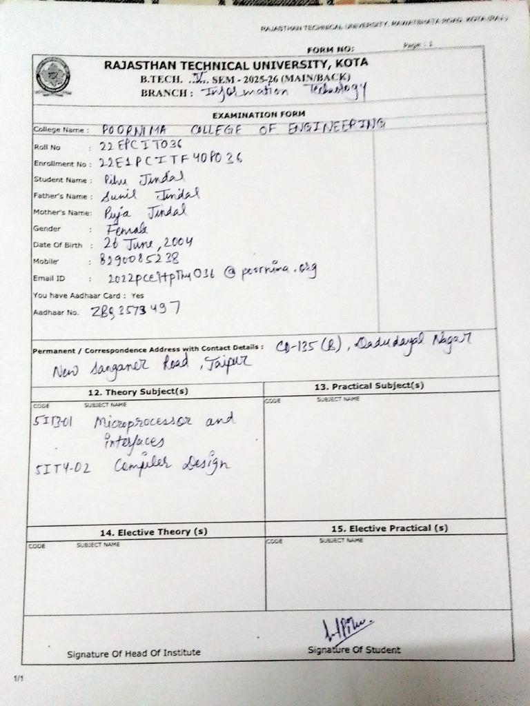 B.Tech Exam Form for Rajasthan University | PDF
