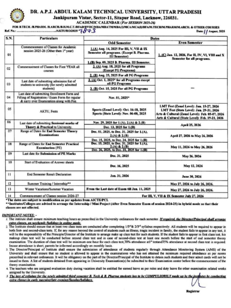 Aktu Academic Calendar 2025-26 | PDF | Qualifications | Vocational ...