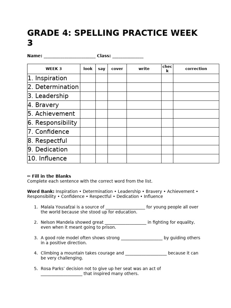 Grade 4 Spelling Practice Week 3 | PDF
