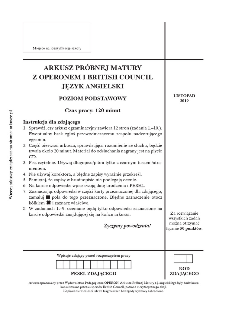 Jezyk Angielski 2019 Operon Probna Podstawowa | PDF