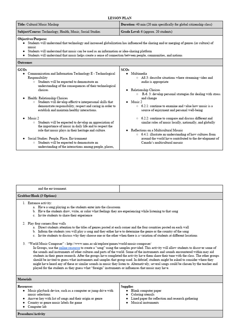 Cultural Music Mashup Lesson Plan | PDF | Folk Music | Rock Music