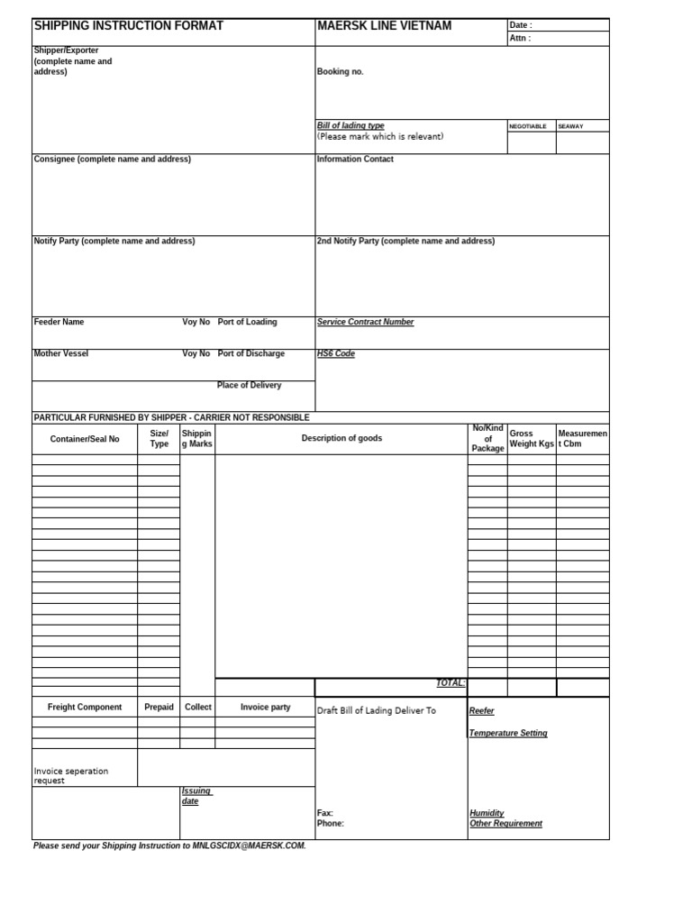 Maersk Line Shipping Instruction Format | PDF | Bill Of Lading | Cargo
