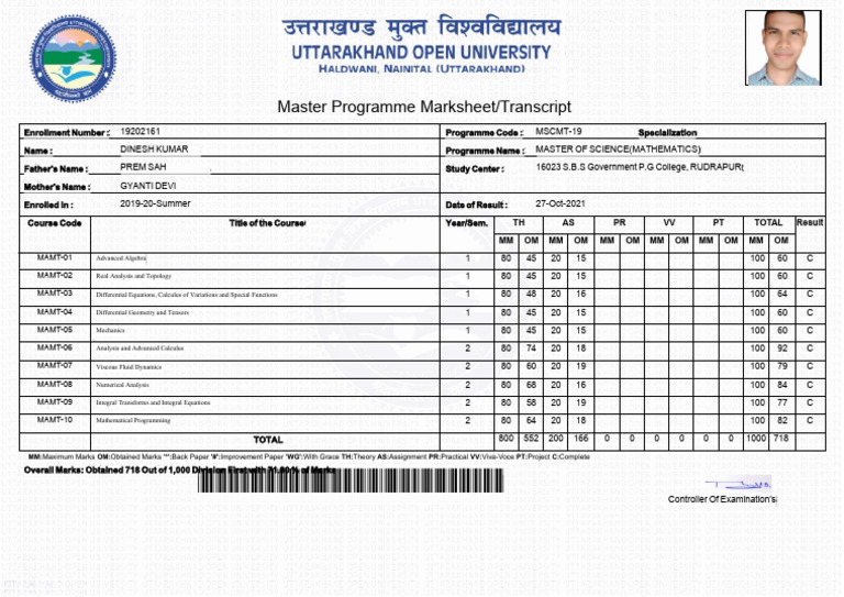 MSC Marksheet | PDF | Mathematical Analysis | Equations