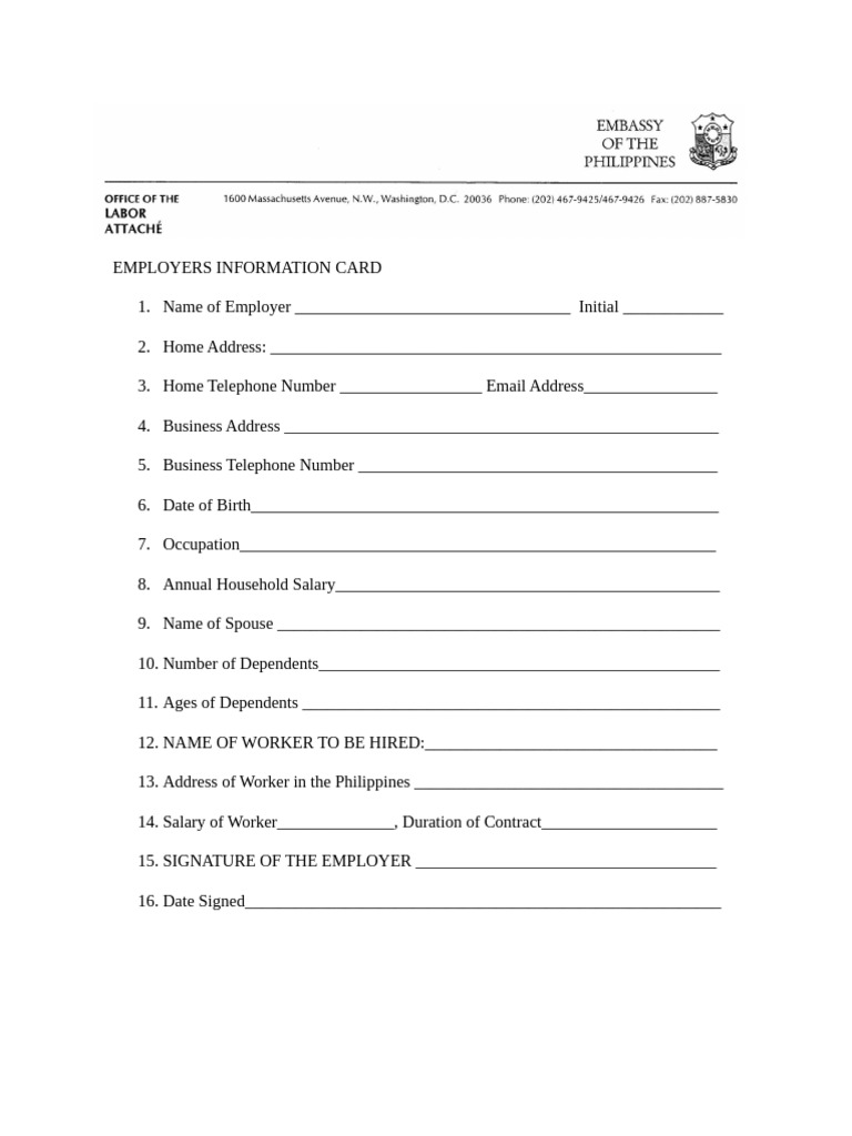 Employer Information Card Template | PDF