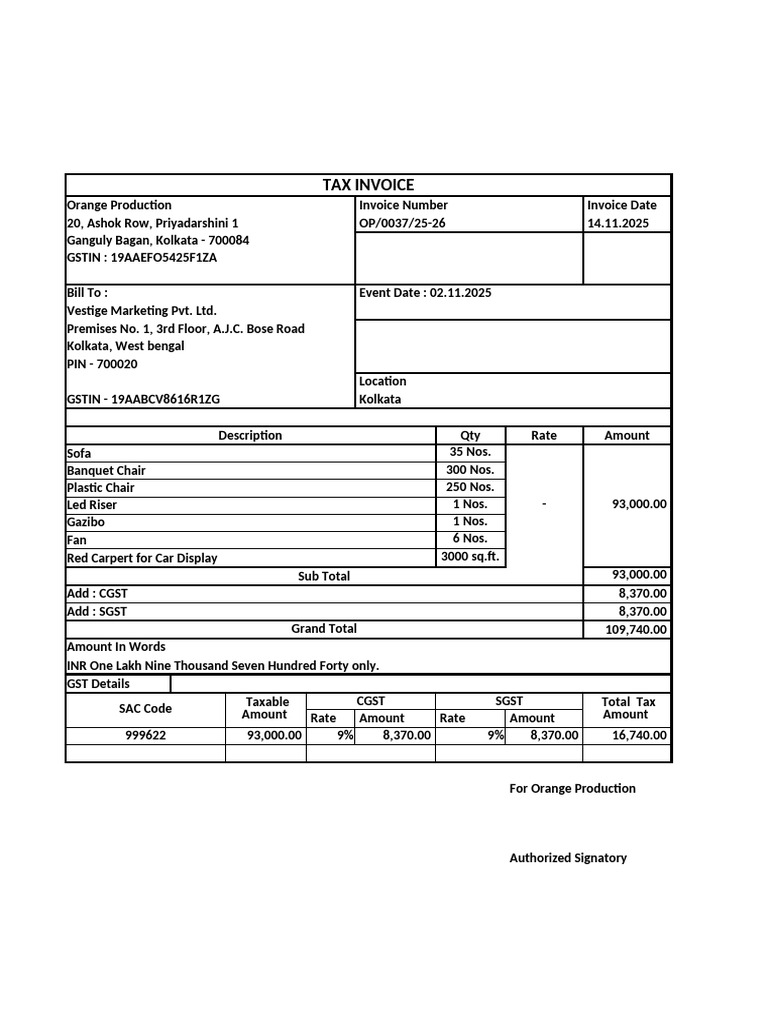 0037 Invoice - Vestige Marketing Pvt. Ltd._nazrul Manch_02!11!25 | PDF