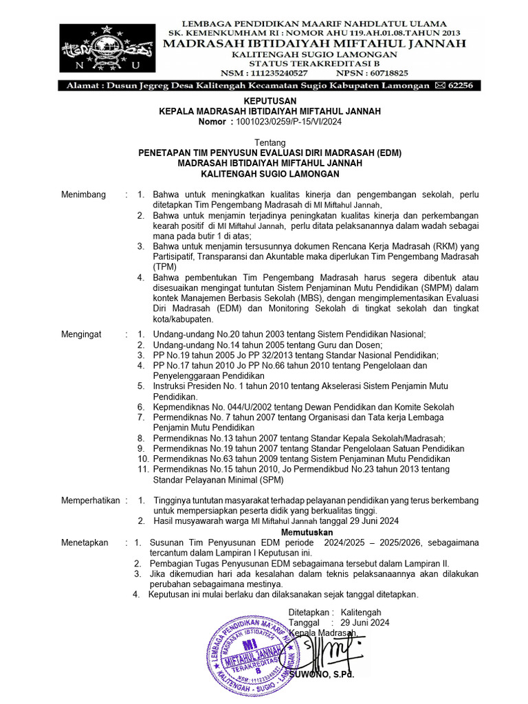 SK Tim Penyusunan EDM MI Miftahul Jannah (1) | PDF