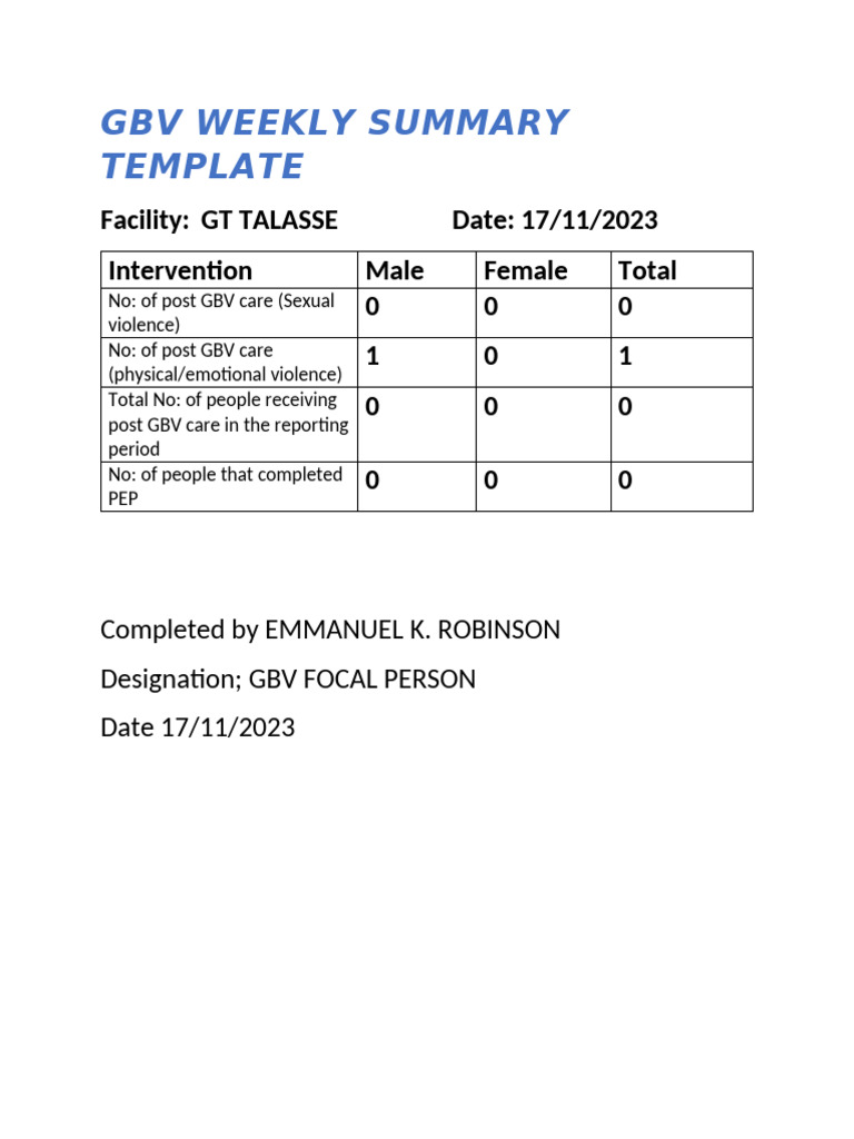 GBV Weekly Summary Template - 5 | PDF