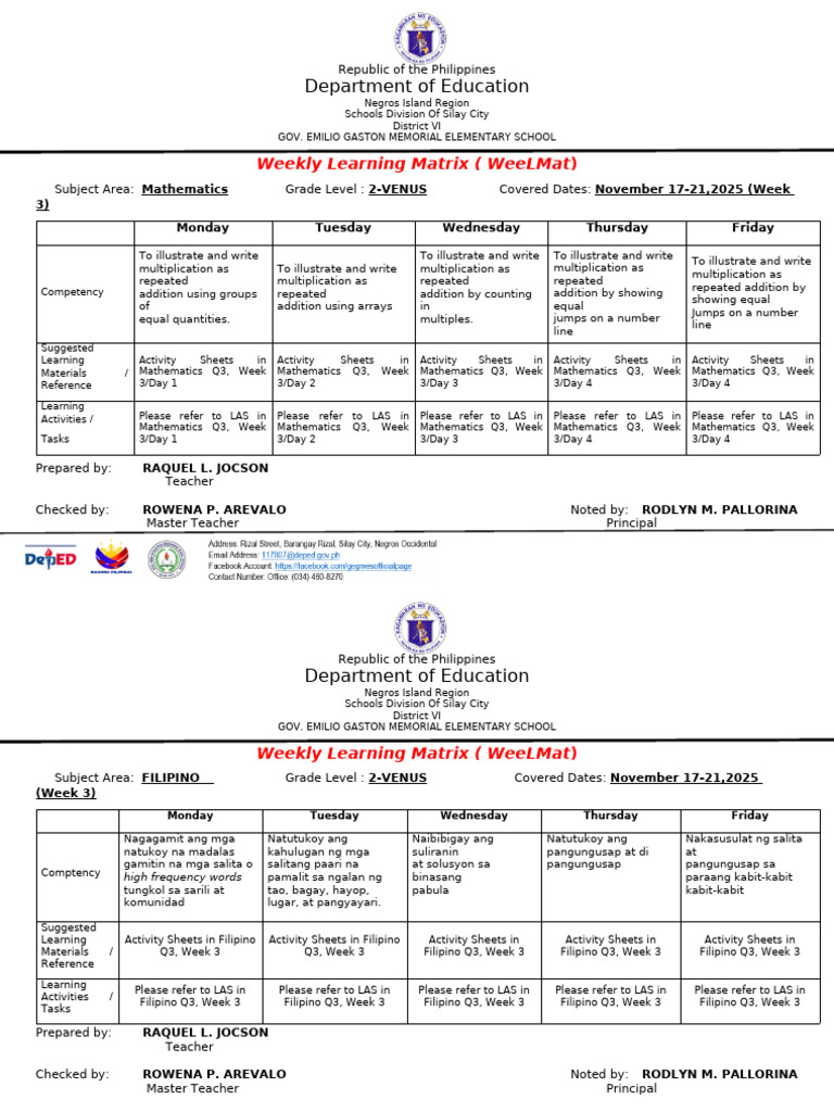 Weekly Learning Matrix for Grade 2 | PDF