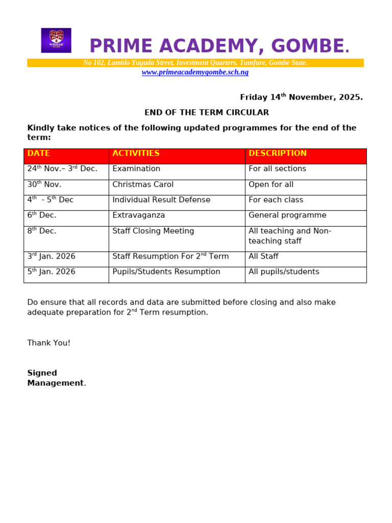 End of Term Circular - Prime Academy Gombe | PDF