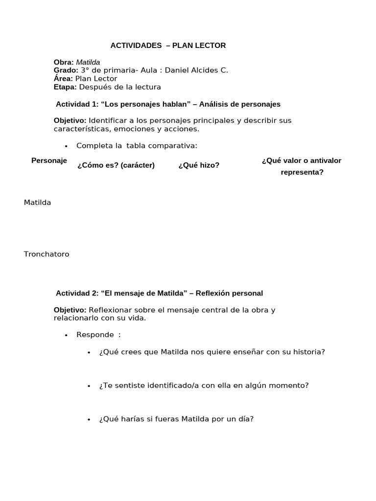 Actividades de Plan Lector: Matilda | PDF
