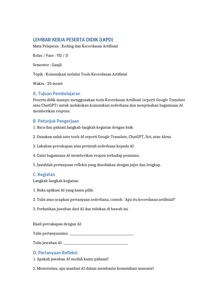 LKPD Koding Kelas7 Komunikasi AI | PDF