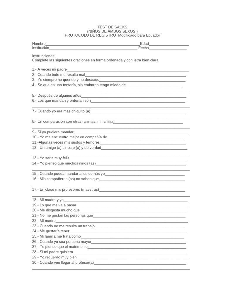 Test de Sacks para Niños en Ecuador | PDF