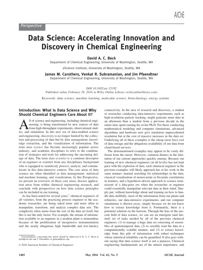 Data Science: Accelerating Innovation and Discovery in Chemical Engineering | PDF | Machine ...