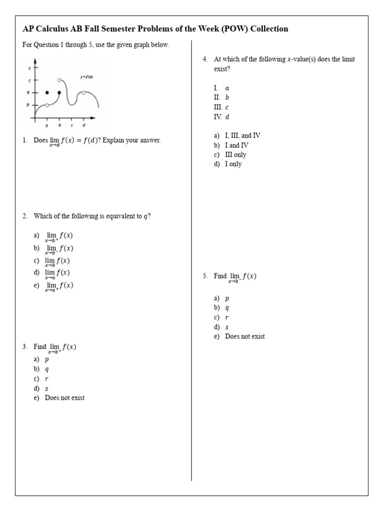 AP Calculus AB Fall Semester Problems of The Week | PDF | Calculus ...