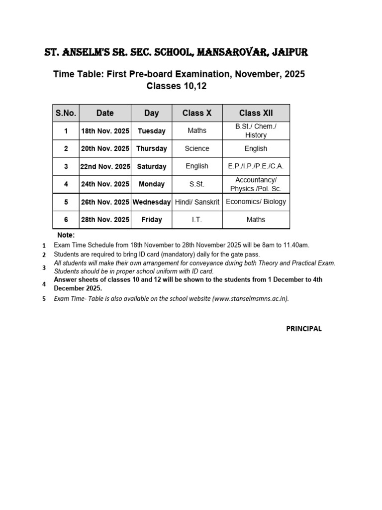 First Pre-Board Time Table 12,10 Nov. 2025-2026 | PDF