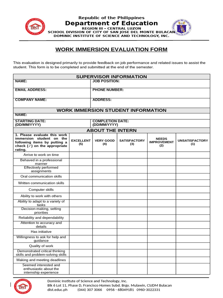 Work Immersion Evaluation Form | PDF | Cognition