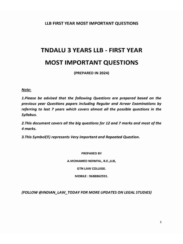 LLB First Year Important Questions | PDF