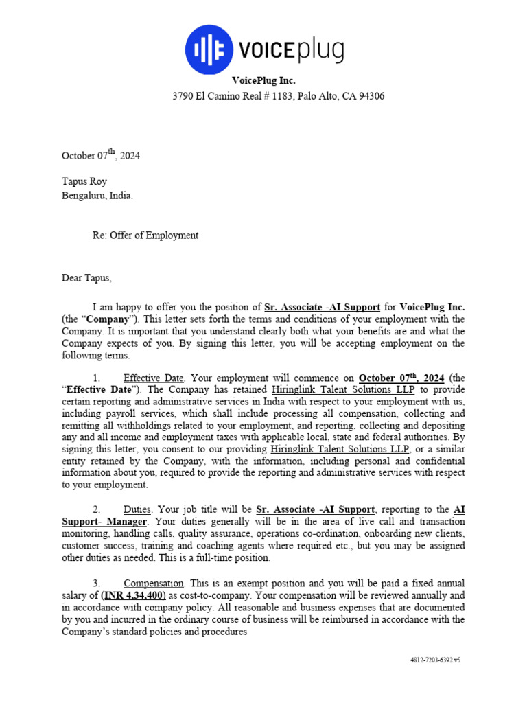 VoicePlug-Employee-Offer-Letter(India)_ Tapus Roy (1) (1) | PDF | Arbitration | Employment