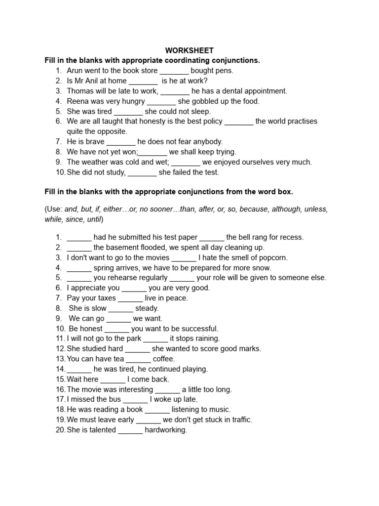 Worksheet Fill in The Blanks With Appropriate Coordinating Conjunctions ...
