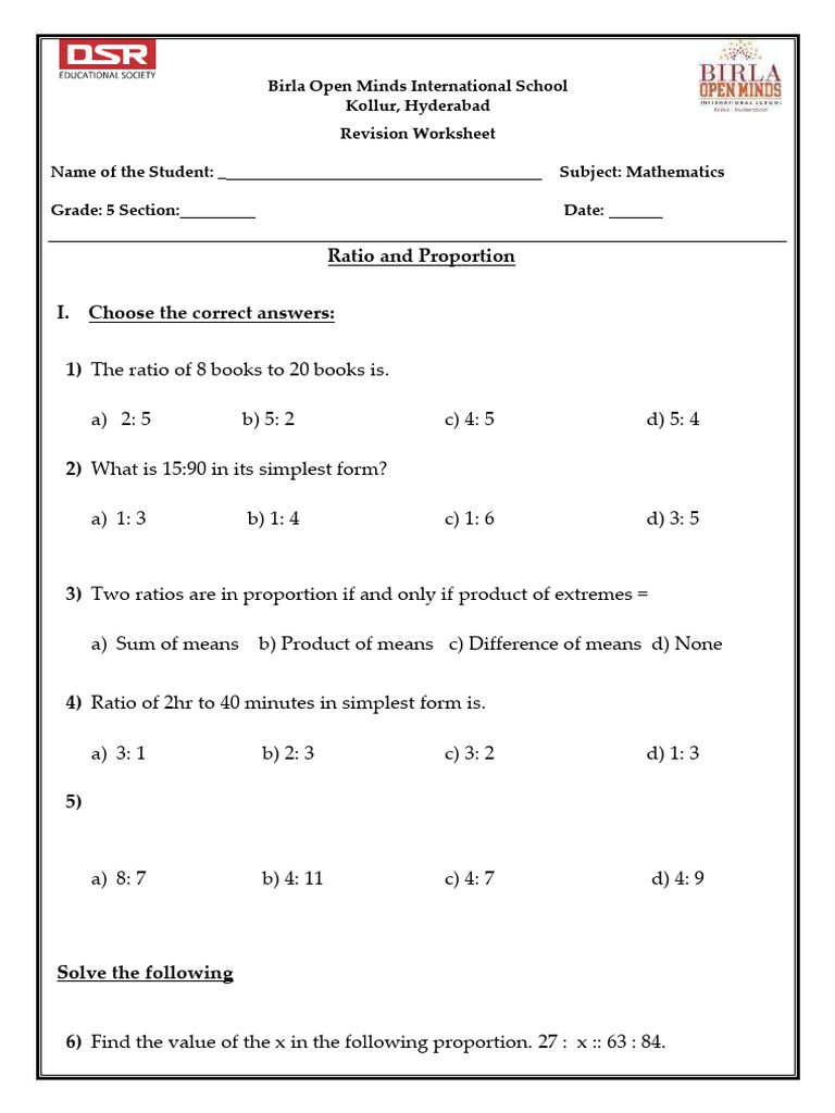 Gr 5- Math - Ratio and Proportion Worksheet (7) | PDF