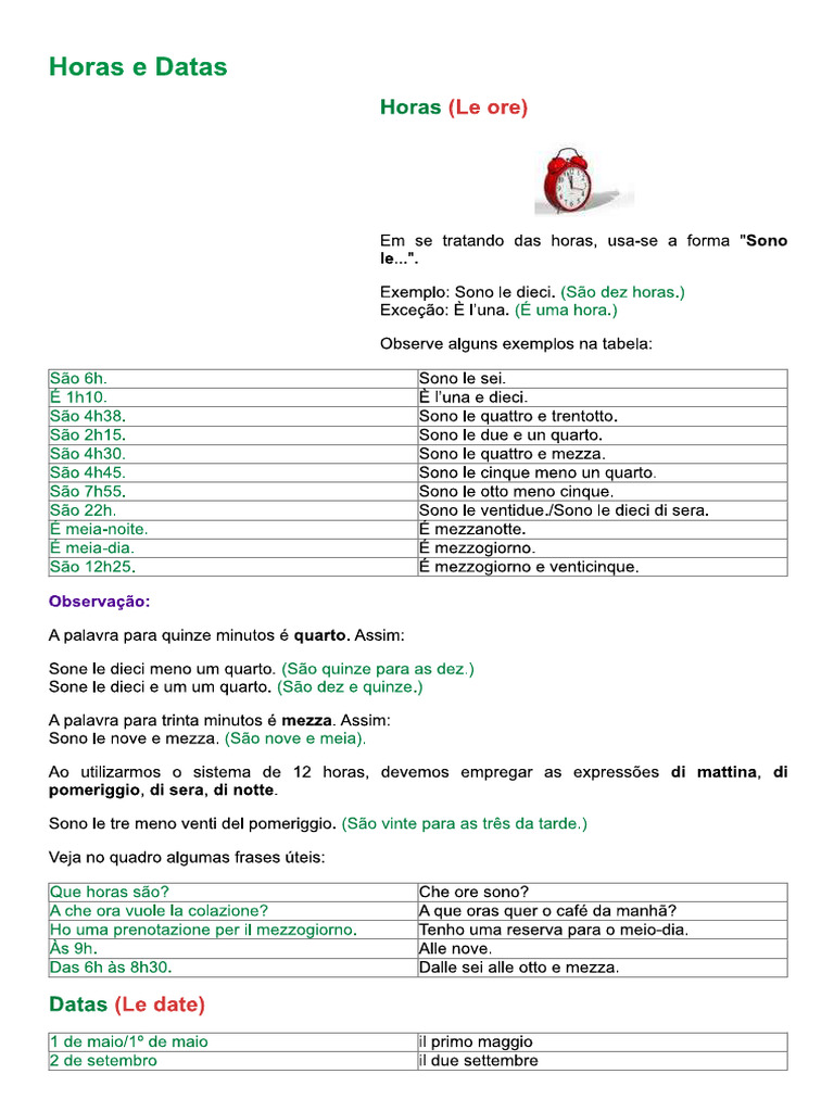 Horas e Datas em Italiano | PDF
