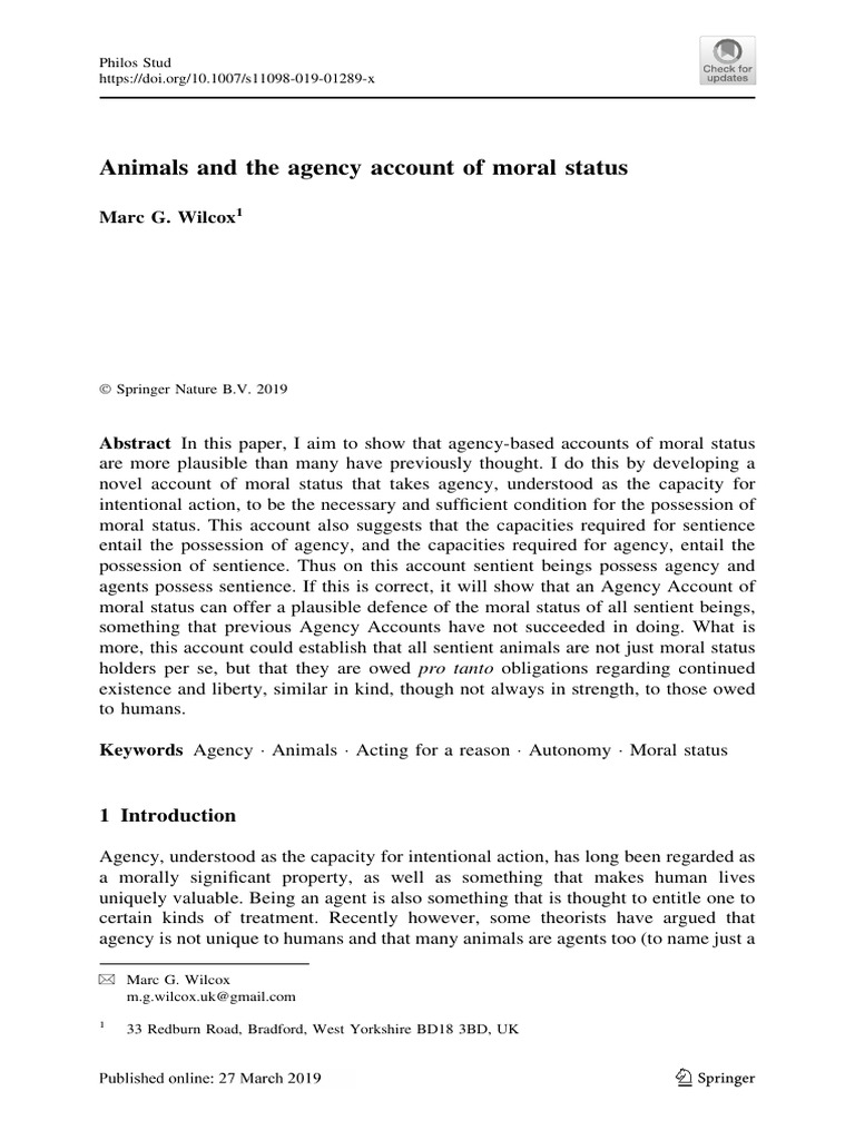 Agency and Moral Status in Animals | PDF | Reason | Pleasure