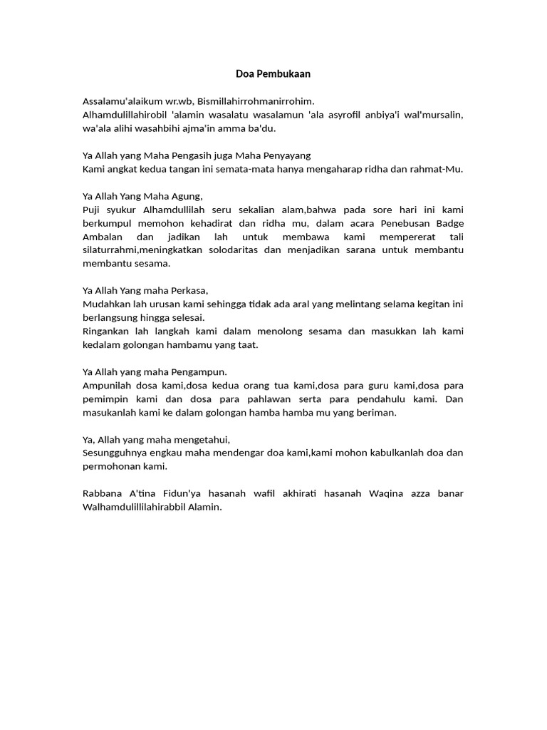 Doa Pembukaan Acara Penebusan Badge | PDF