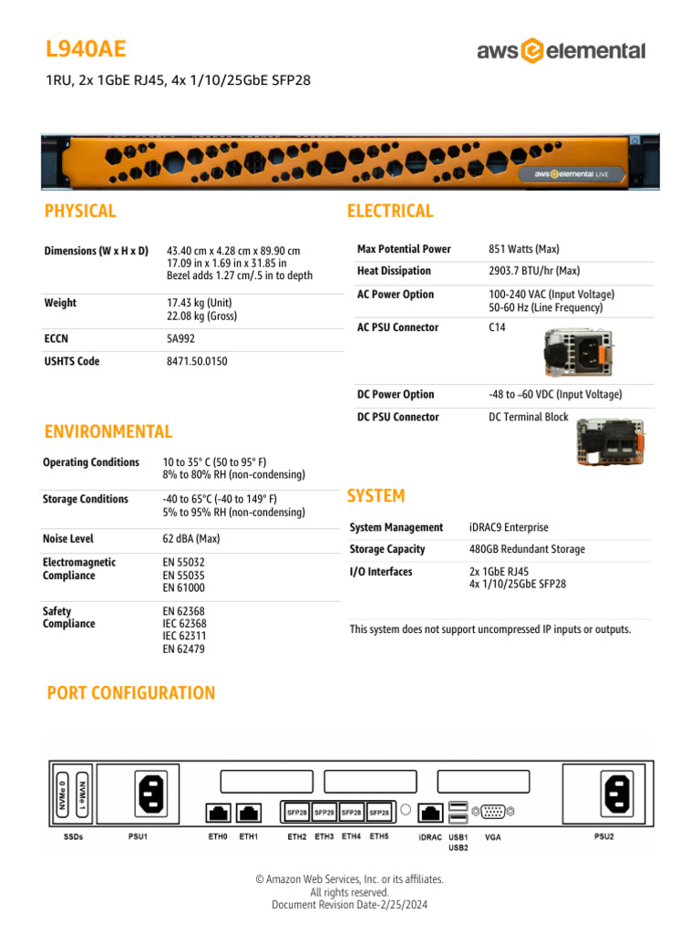 AWS Elemental Live L940AE Specification Sheet | PDF | Power Supply ...