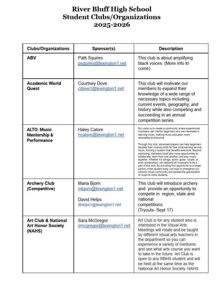 River Bluff High School Clubs 2025-2026 | PDF