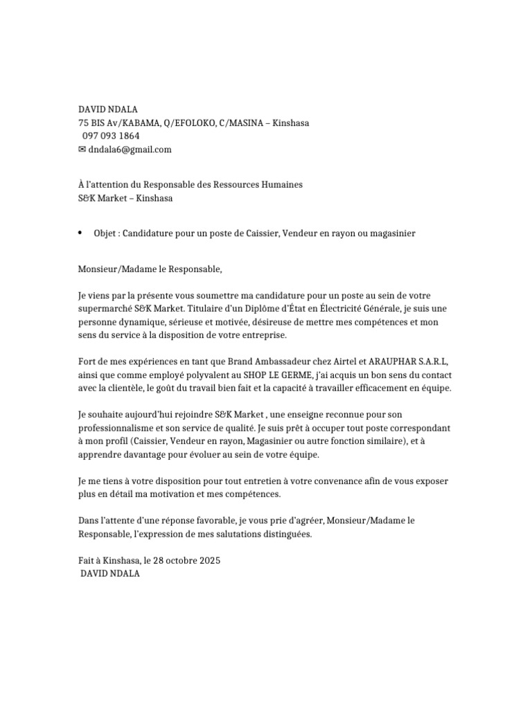 Candidature de David Ndala pour S&K Market | PDF