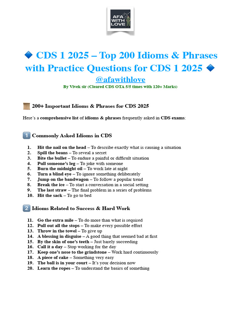 CDS 2025: Essential Idioms & Phrases | PDF | Multiple Choice
