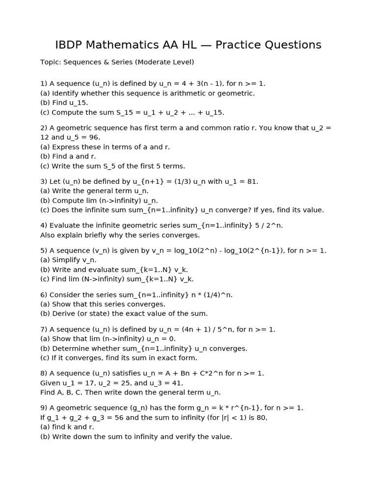 IBDP Maths AA HL Sequences and Series Practice Clean | PDF
